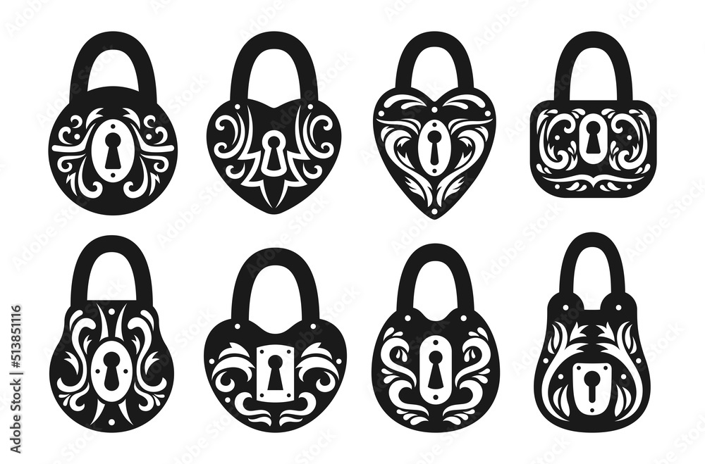 Lock various shapes vintage icon set. Old padlock stamp, safety ...