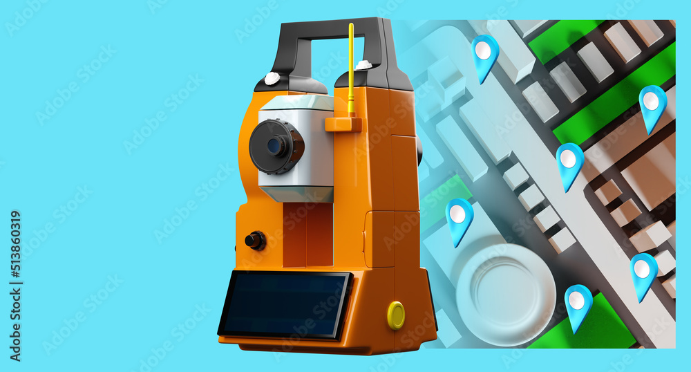 Geodetic instrument on turquoise. Equipment for topographic works ...