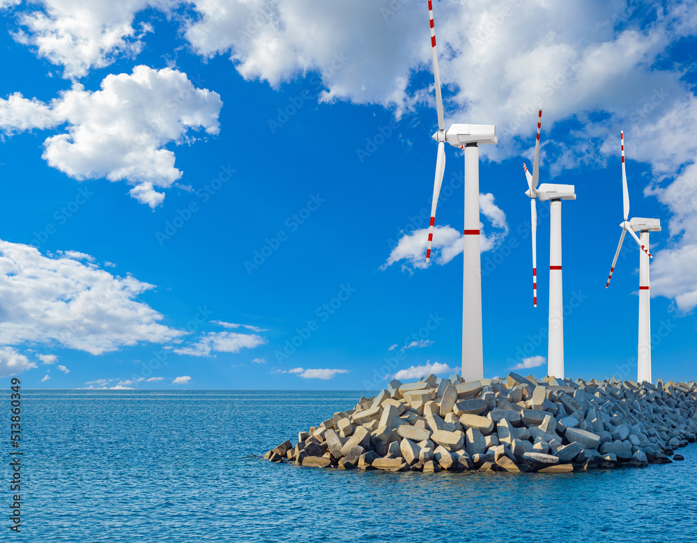 Offshore windmills. Wind turbines are installed in sea. Marine power ...