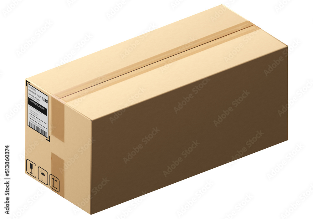 Long box. Parcel with delivery information. Information sticker on ...