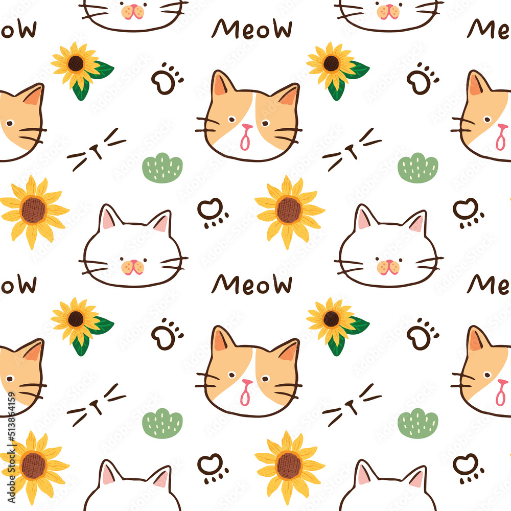 Seamless Pattern with Cartoon Cat Face Design on White Background Stock Vector | Adobe Stock