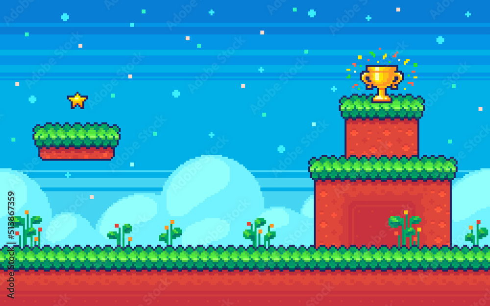 Poster Pixel art game background. Computer game screen with winner cup ...