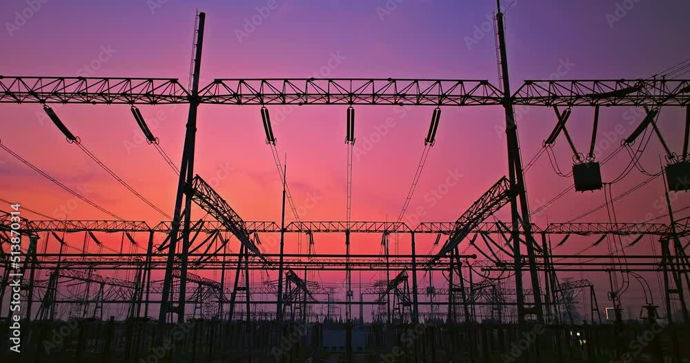 High voltage power tower in substation. Transmission power line ...