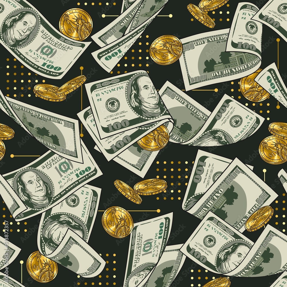 Money seamless pattern with 100 US dollar bills, gold one dollar coins ...