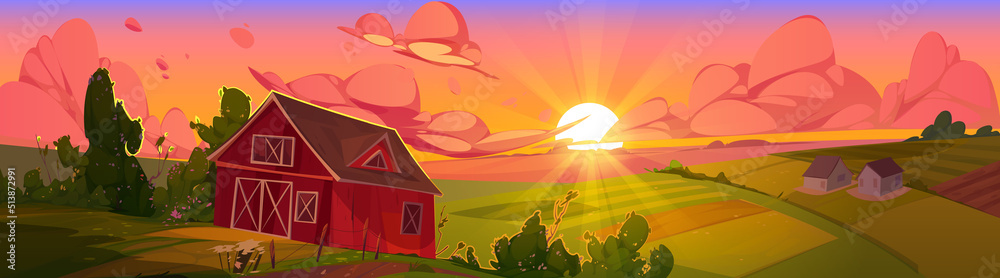 Sunrise countryside landscape with farm barn, agriculture field and ...