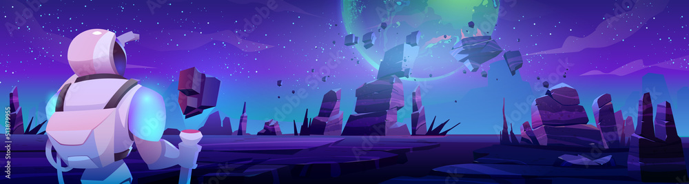 Astronaut looking on Earth from alien planet in far galaxy. Cosmonaut ...