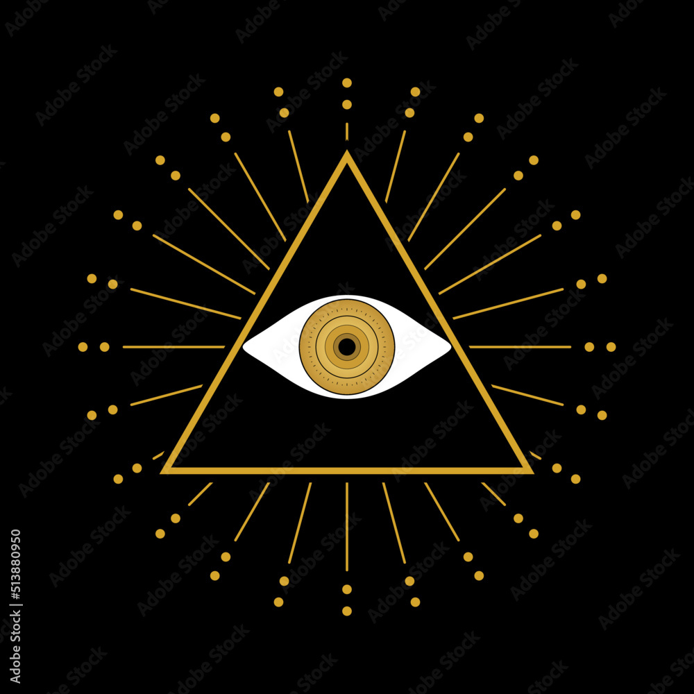 Golden eye of providence (All seeing eye) in triangle with light ray ...