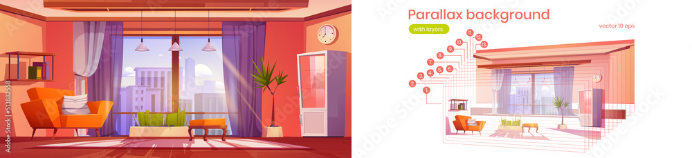 Parallax background for game with modern living room or hotel interior ...