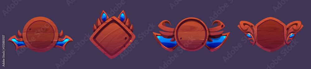 Game avatar frames, level ui icons, wooden shields or banners animal ...