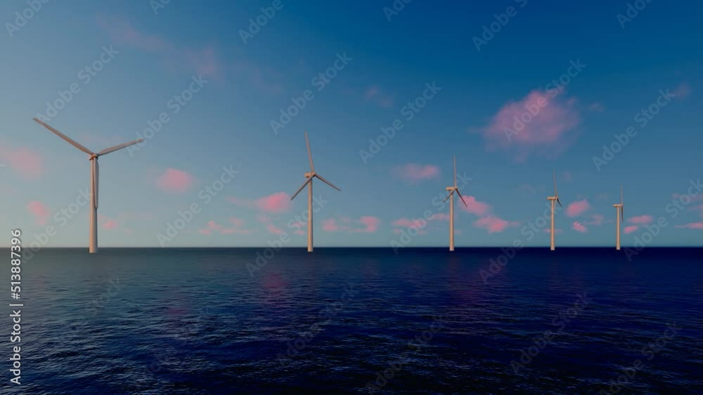 Wind turbines in the middle of the ocean. Nature background lanscape ...