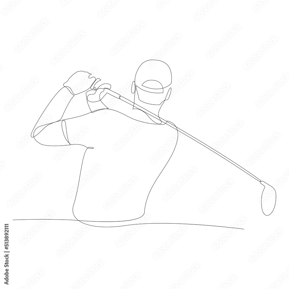 Continuous line drawing of male golfer playing golf. Male golf player ...