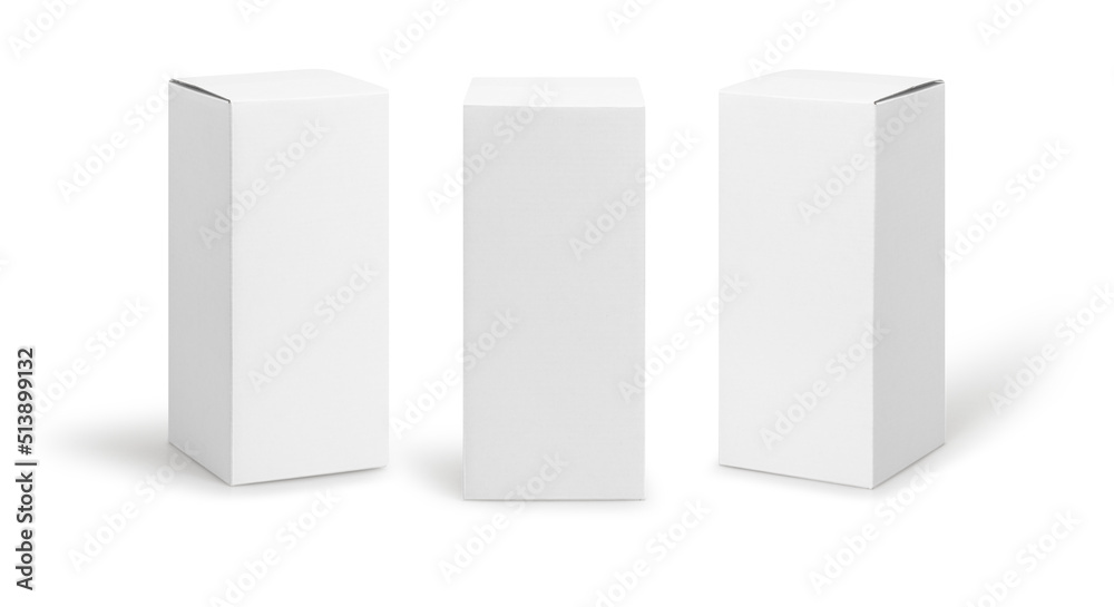 Set of White box tall shape product packaging in side view and front ...