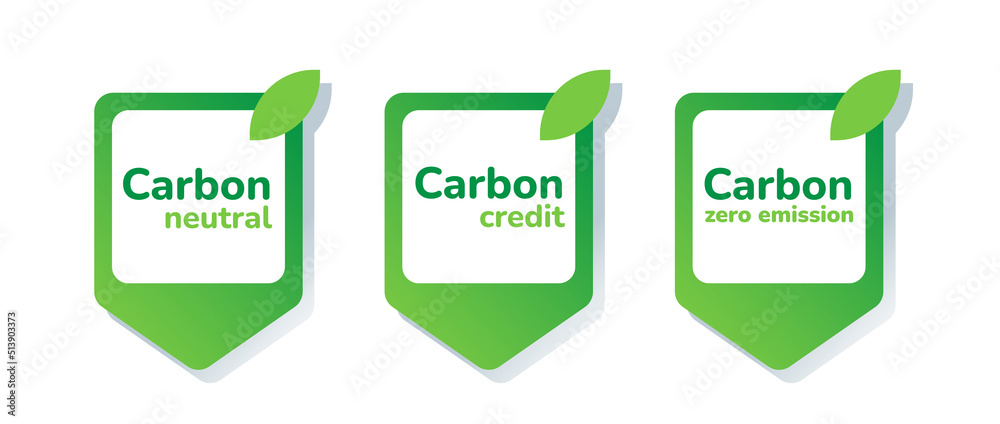 Carbon neutral, carbon credit, carbon zero emission labels icon set ...