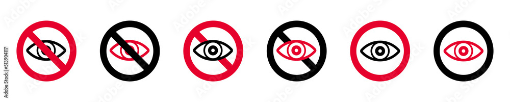 Icons and no watching illustration sign. Eye symbols as show, hide ...