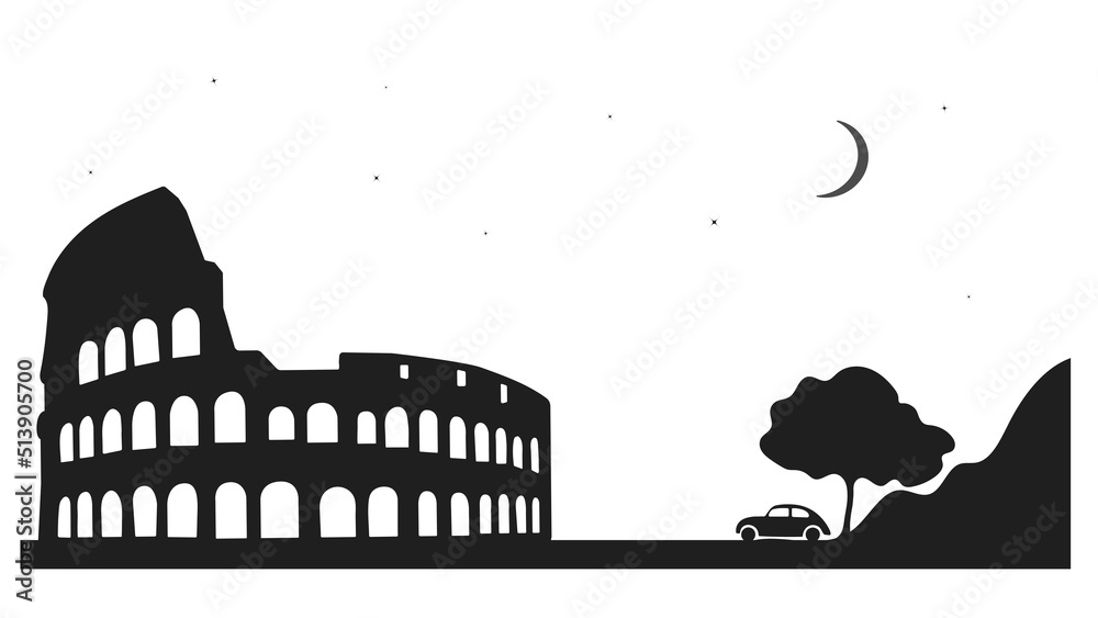 Vector black illustration of Rome silhouette with colosseum car and ...