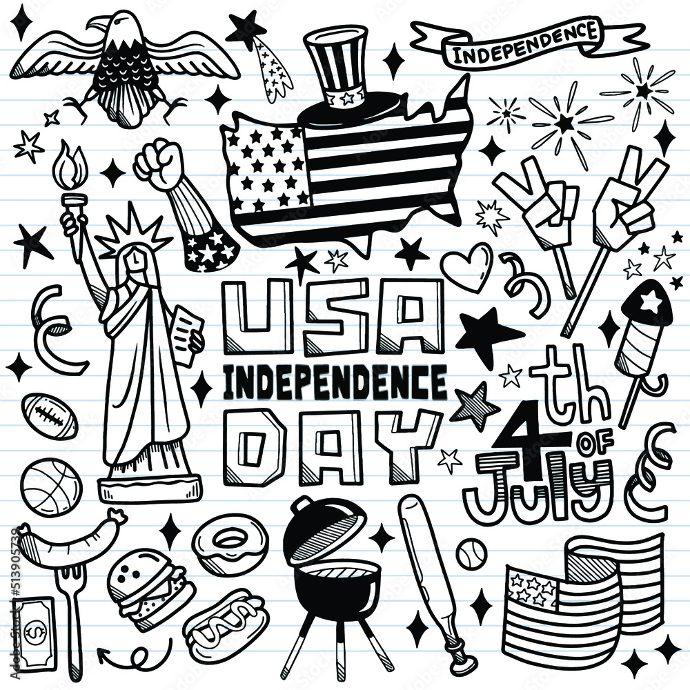 4th of July. Fourth of July doodle set , USA independence day ...