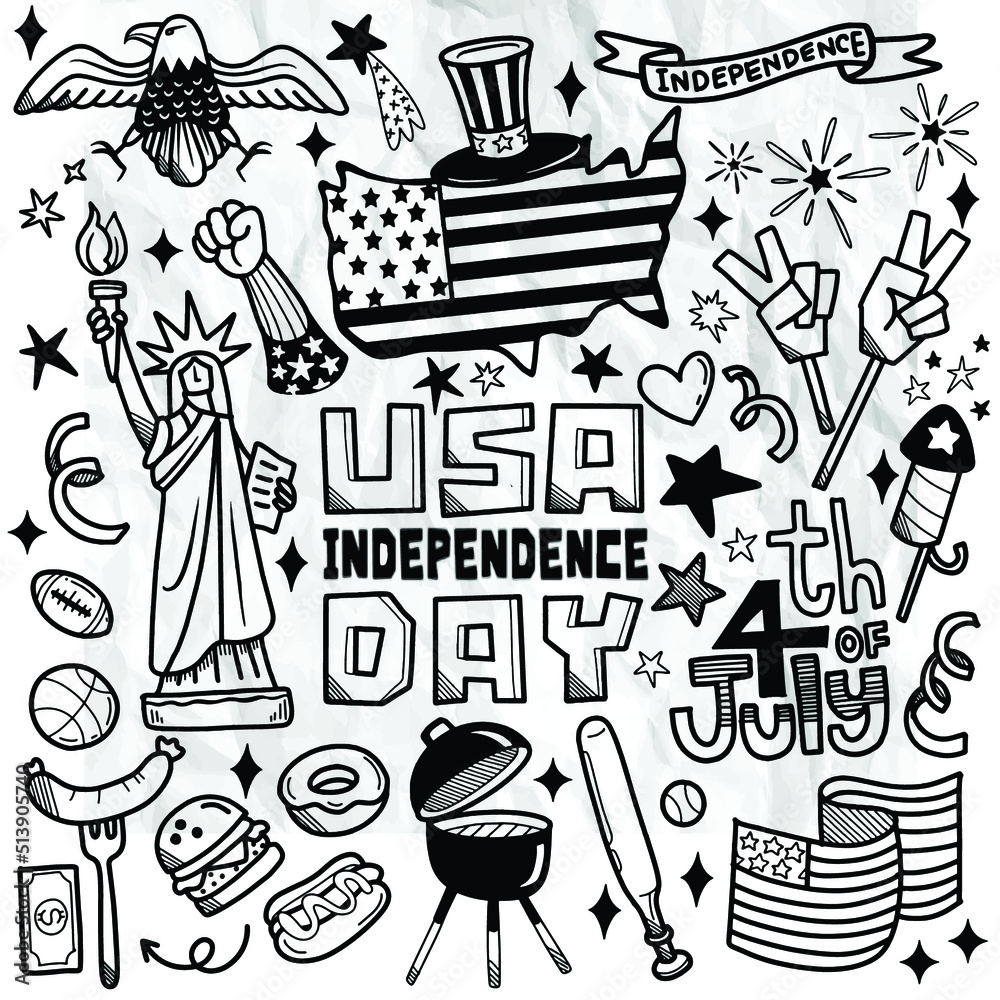 4th of July. Fourth of July doodle set , USA independence day ...