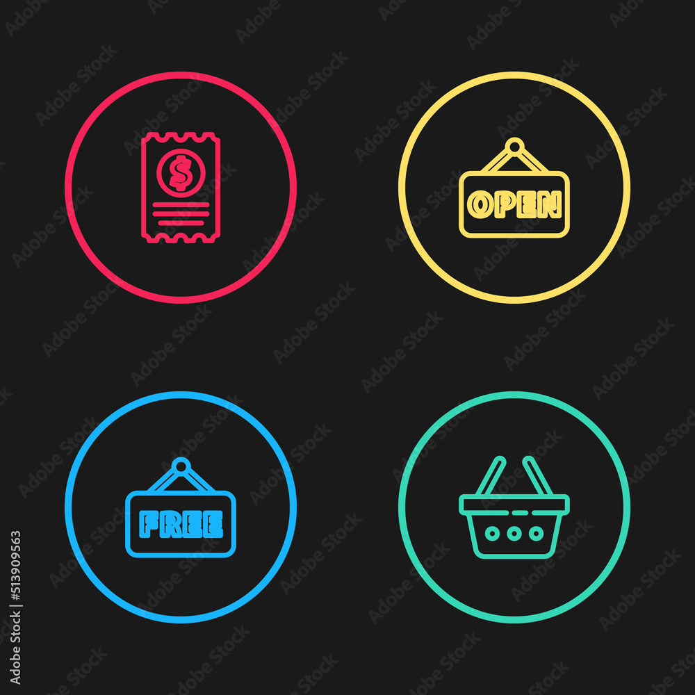 Set line Price tag with text Free, Shopping basket, Hanging sign Open ...