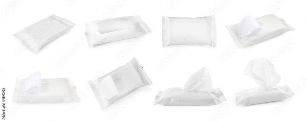 Set with packs of wet wipes on white background. Banner design Stock ...