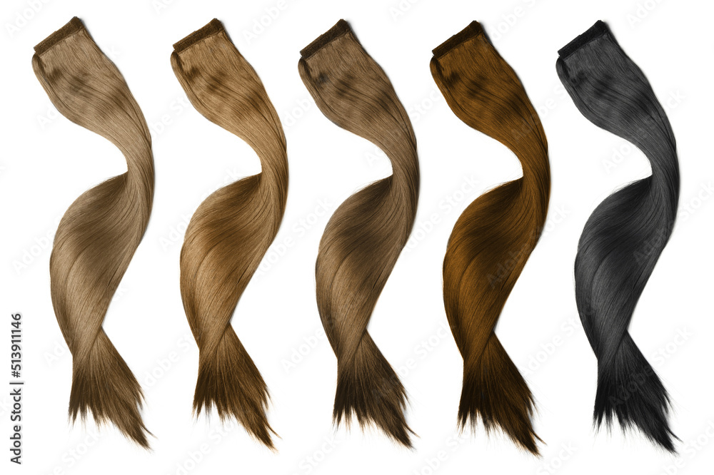 Strands of different beautiful hair on white background, top view Stock ...