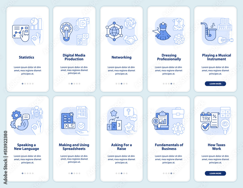 Skills For Life Light Blue Onboarding Mobile App Screen Set Walkthrough 5 Steps Editable