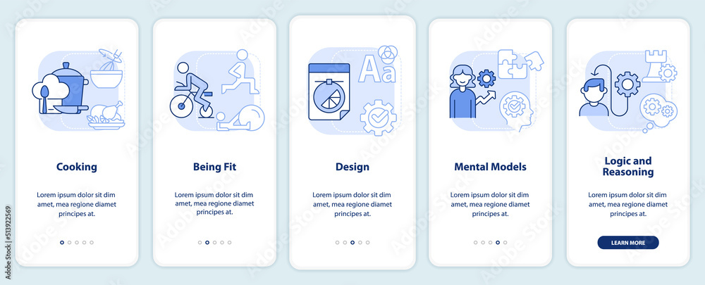 Life Skills Light Blue Onboarding Mobile App Screen Abilities Walkthrough 5 Steps Editable
