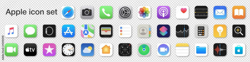 Vecteur Stock Apple Iphone IOS 15 Apps icon set on transparent ...