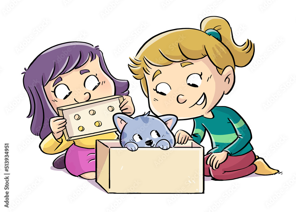 Children's illustration of little girls opening a box with a cat inside ...