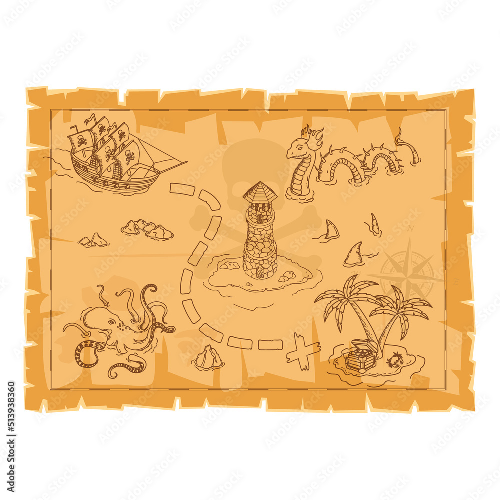 Cartoon pirate map. Old paper scroll. Horizontal poster of caribbean ...