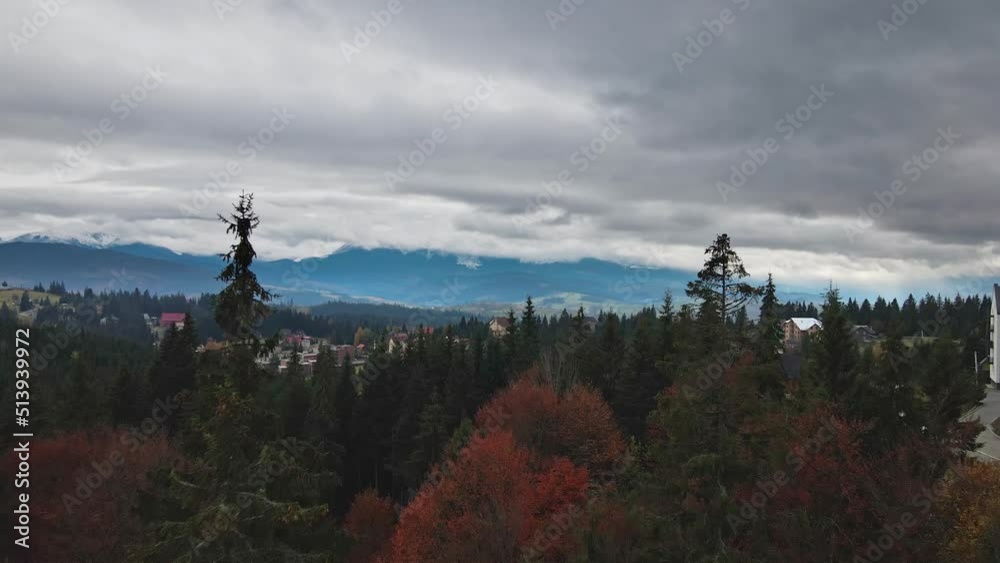 drone flight through pine forest. Mountain Range Aerial View. Scenic Dawn Mountainous Cottage ...