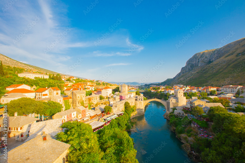 Fantastic Skyline of Mostar with the Mostar Bridge, houses and minarets ...