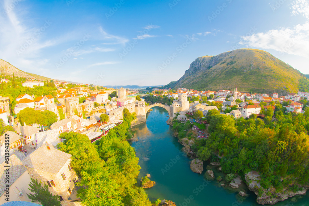 Fantastic Skyline of Mostar with the Mostar Bridge, houses and minarets ...