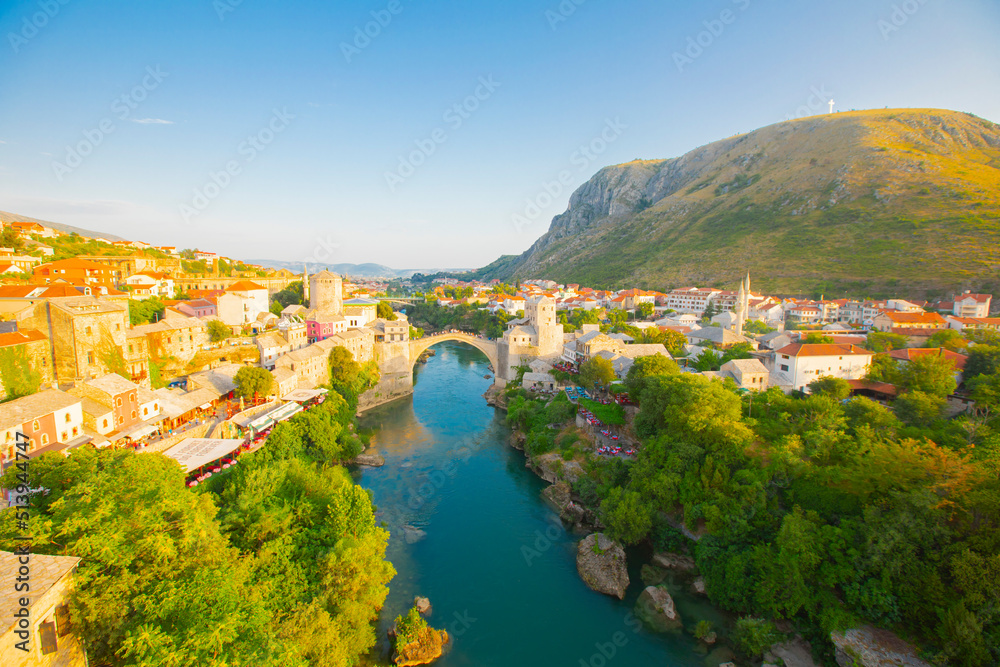 Fantastic Skyline of Mostar with the Mostar Bridge, houses and minarets ...