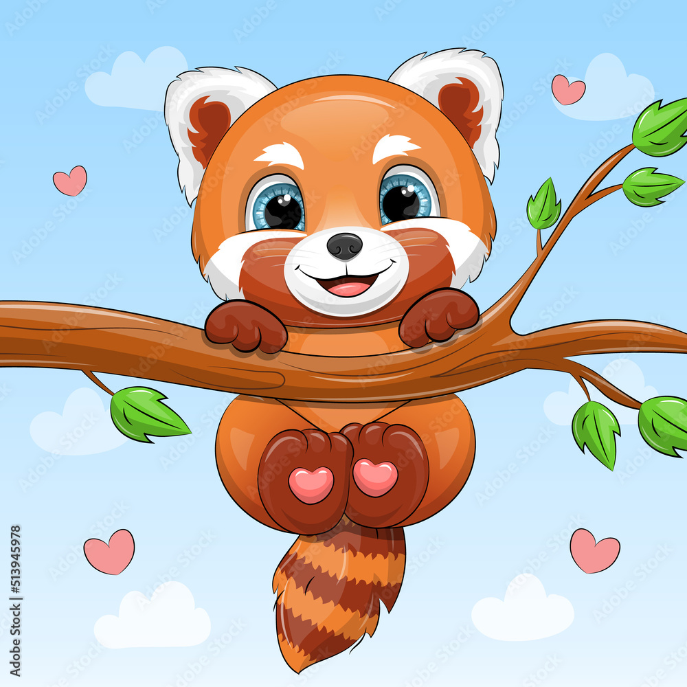 Cute cartoon red panda on a tree. Vector illustration of an animal on a ...