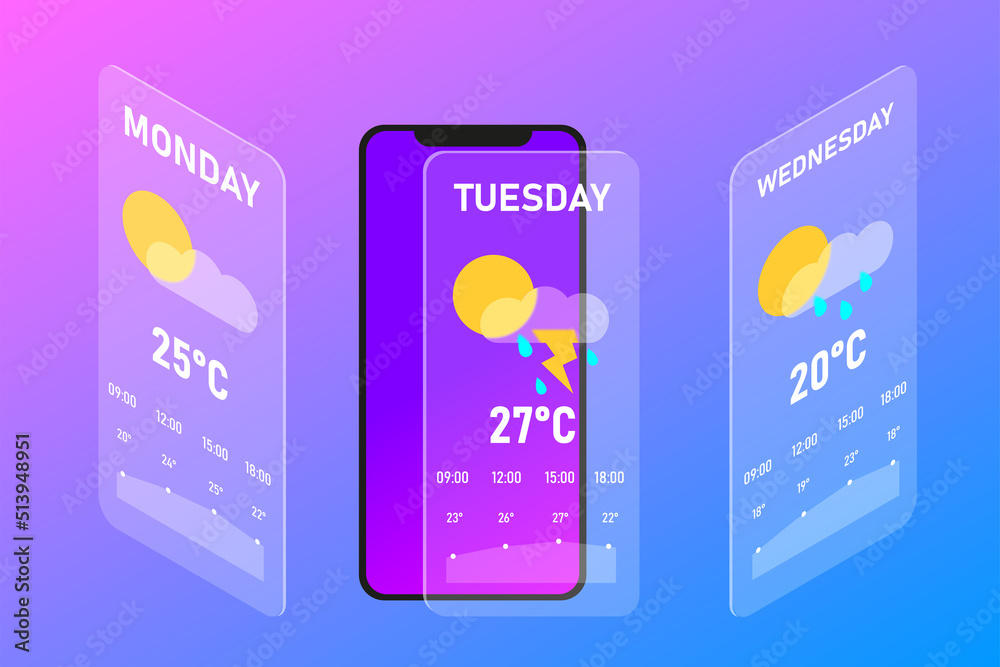 set of screens for the weather application in the phone, isometry ...