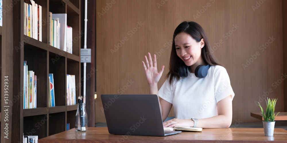 Asian girl student online learning class study online video call zoom ...