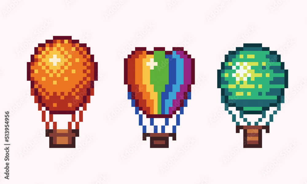 Hot air balloon pixel art set. Aerostat collection. 8 bit sprite. Game ...