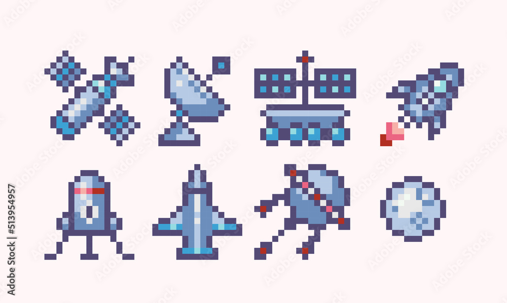 Satellite, rocket pixel art set. Spaceship, spacecraft collection. 8 ...