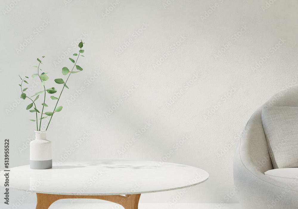 3D Render Background with marble table with wood legs and grey fabric ...