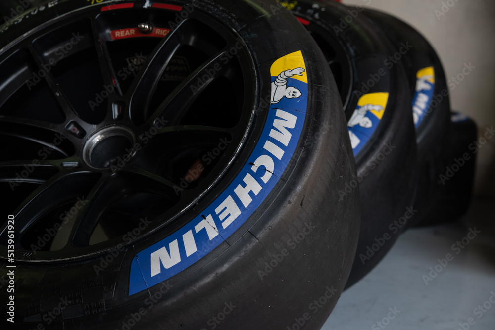 Michelin name logo close up race car slick tire Stock Photo | Adobe Stock