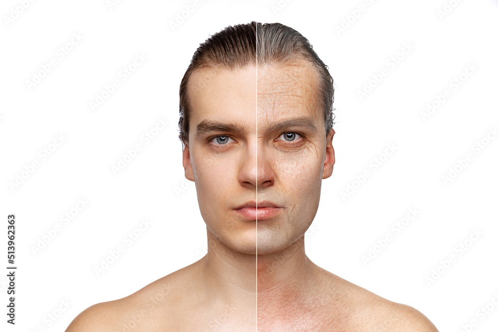 Man's portrait in comparison youth and maturity, old age. Skin aging ...