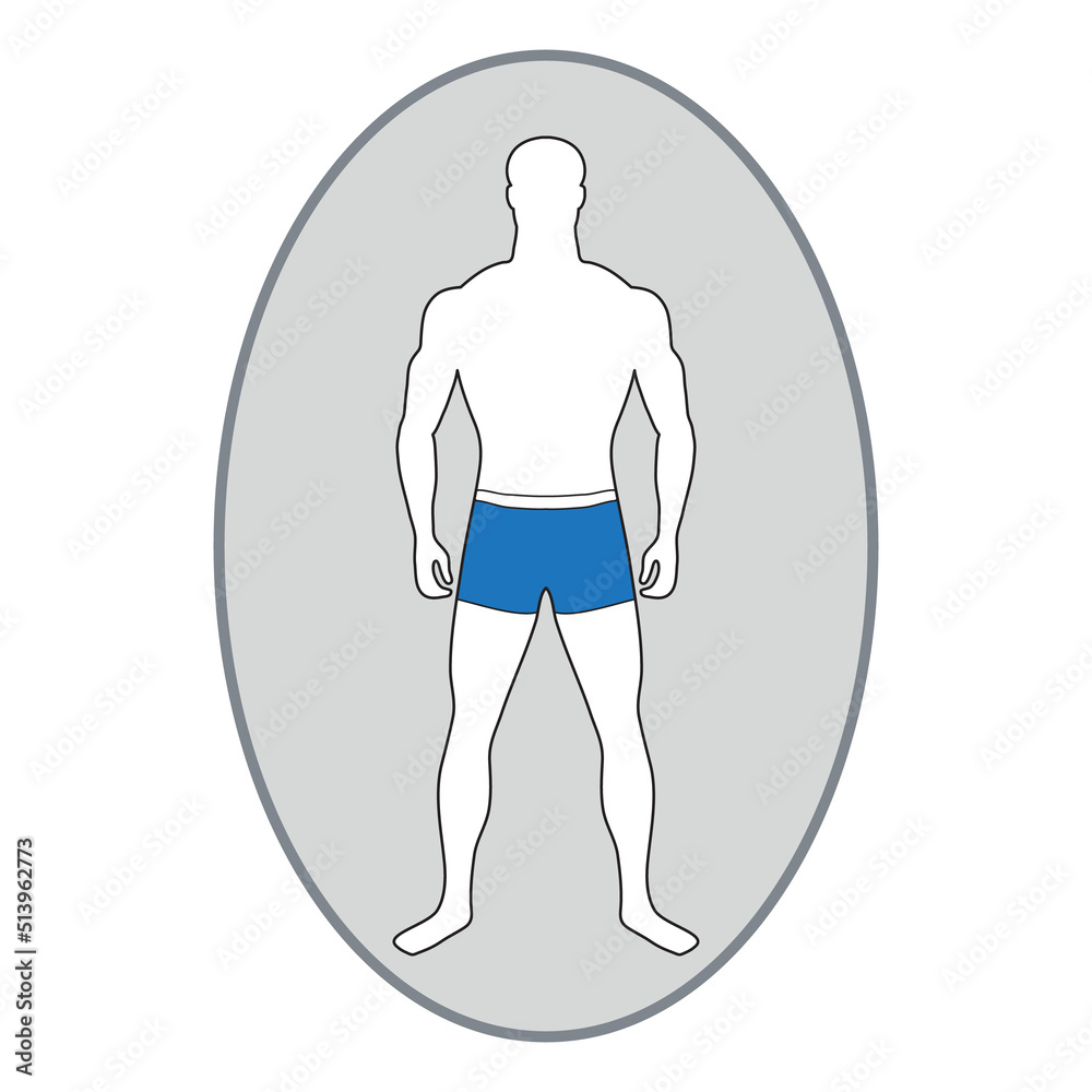 Slender tall man with muscular figure in blue swimming trunks. White ...