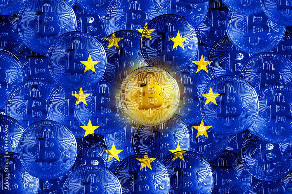 Hold the physical version of Bitcoin and the EU flag. Conceptual ...