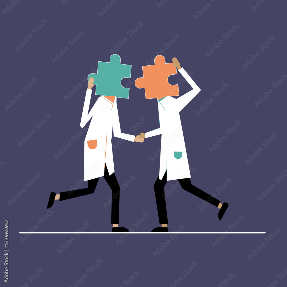 Vetor de Vector of two doctors in uniform putting head -puzzle pieces ...
