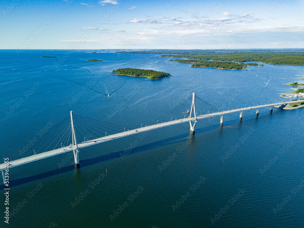 Aerial view of cable-stayed Replot Bridge, suspension bridge in Finland ...