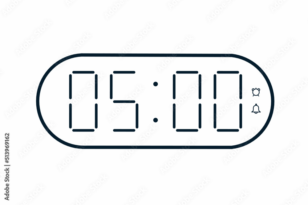 Vector flat illustration of a digital clock displaying 05.00 ...