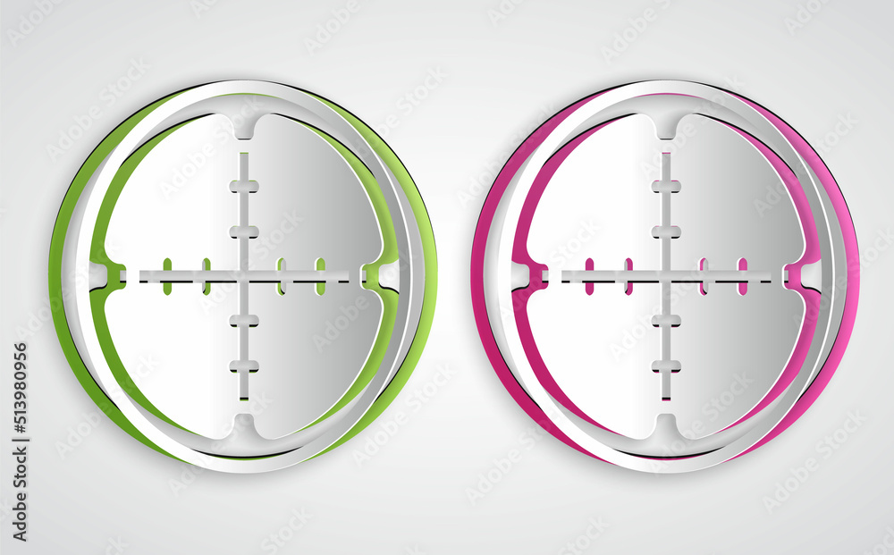 Paper cut Sniper optical sight icon isolated on grey background. Sniper scope crosshairs. Paper ...