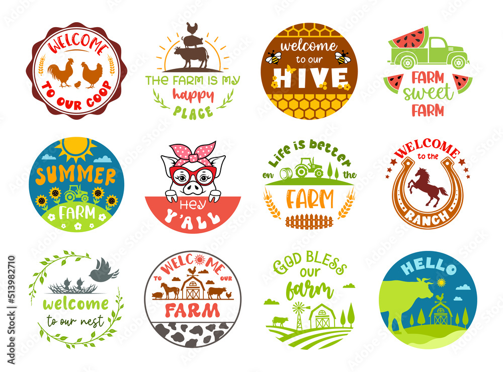 Farm round sign with quotes. Set of farmhouse symbols or emblem designs ...