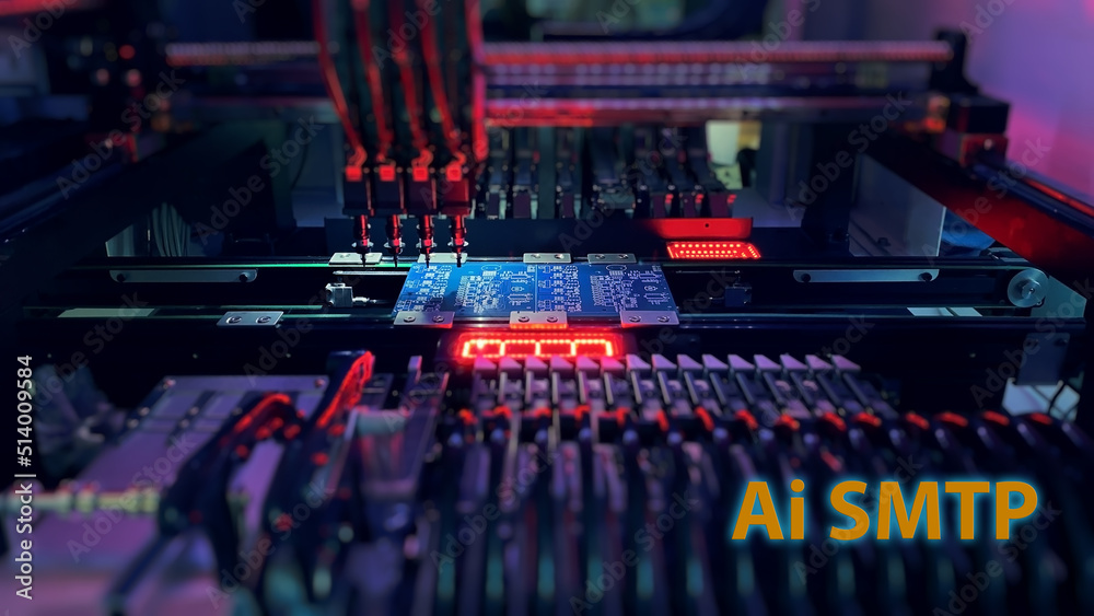 Digital technologies for automation of industry. Red neon lights ...