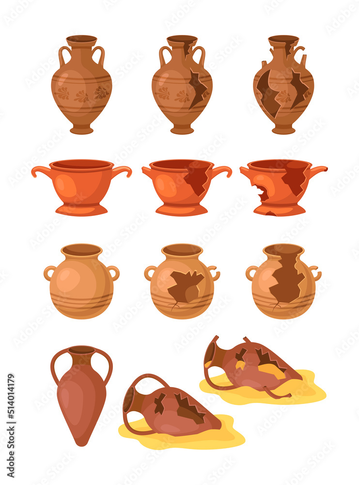 Old broken vases vector illustrations set. Collection of cartoon ...
